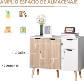 HOMCOM Moderní komoda se 3 dvířky a zásuvkou 90x30x72 cm Bílá a přírodní dřevo