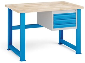 Dílenský stůl KOVONA, 3 zásuvky na nářadí, buková spárovka, pevné nohy, 1200 mm