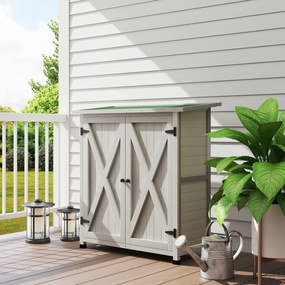 Outsunny Dřevěná skříň na nářadí se 2 dveřmi, kůlna na nářadí se střešní krytinou z asfaltu, 110 x 55 x 117 cm, světle šedá