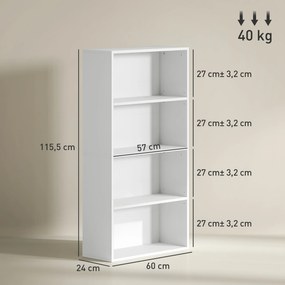 HOMCOM 4-policová knihovna se 2 nastavitelnými policemi pro obývací pokoj, kancelář, ložnici 60x24x115,5 cm Bílá