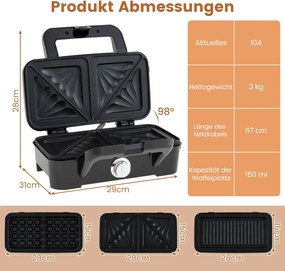 Costway 3-in-1 Vaflovač a lis na panini a sendvičovač Přenosný elektrický