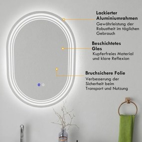 PEPU Koupelnové zrcadlo proti zamlžování LED světla 70 cm x 50 cm x 3 cm Stříbrná + bílá