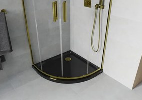 Mexen Rio, čtvrtkruhový sprchový kout s posuvnými dveřmi 90 (dveře) x 90 (dveře) x 190 cm, 5mm čiré sklo, zlatý profil + černá sprchová vanička SLIM, 863-090-090-50-00-4170G