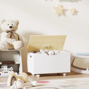AIYAPLAY dětský box na hračky s kolečky, sklápěcí víko s bezpečnostním pantem, design mraků, bílá a přírodní