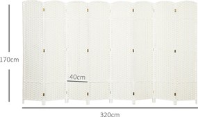 HOMCOM 8panelový paravan 320 × 170 cm – skládací s borovicovým rámem, bílý