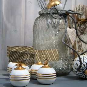 Skleněná vánoční ozdoba JMENOVKA se zlatými proužky - GLASSOR - 6 cm, bílá, zlatá