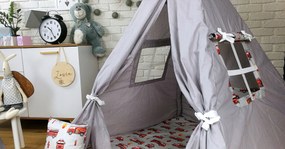 Dětský stan TEEPEE (TÝPÍ) HASIČI s doplňky - šedý/bílý