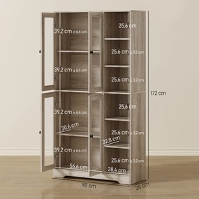 HOMCOM kuchyňská skříňka s vitrínou se 4 skleněnými dveřmi Soft-Close a nastavitelnými policemi, 90x35x172 cm, šedá