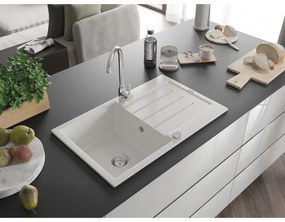 Mexen Bruno, 1-komorový granitový dřez s odkapávačem 80x50 cm a kuchyňskou baterií Telma, bílá, 6513-20-670200-00