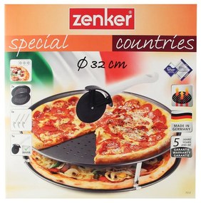 Set 2 perforovaných plechů na pizzu, 3 stojánků a kráječe Zenker Special Countries, ø 32 cm
