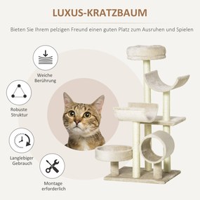 PawHut Kočičí strom, škrábací sloup, škrábací hračky, tunel, béžový L50 x Š40 x V105 cm