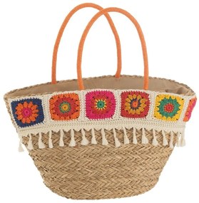 Plážový košík s háčkovaným květovaným okrajem Croche - 59*18*30 cm