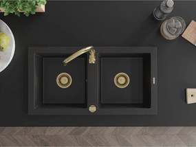 Mexen Mario, granitový dřez 820x436x161 mm, 2-komorový, černá-stříbrná metalíza se zlatým sifonem, 6504822000-73-G