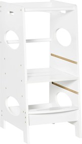HOMCOM Dřevěná učební věž pro děti - Kuchyňský stolička s nastavitelnou výškou ve 3 polohách a bezpečnostními zábranami 40x50x90 cm Bílá | Aosom