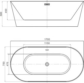 Mexen Luna, Slim volně stojící vana 170 x 75 cm, bílá, přepad broušený nikl, 52041707500-97