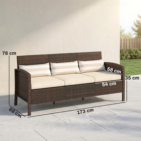 Outsunny Zahradní ratanová pohovka Outsunny, třímístná, s polštáři, ocelový rám, hnědá, 173x68x78 cm, ideální na terasu a zahradu |