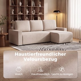 HOMCOM rozkládací rohová pohovka L, 3místná s otočnou chaise – béžový umělý semiš