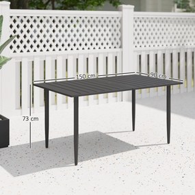 Zahradní stůl Outsunny 150x90cm, odolný ocelový balkonový stůl, balkonový stůl s otvorem pro slunečník, design prken, venkovní kempingový stůl, vedle…
