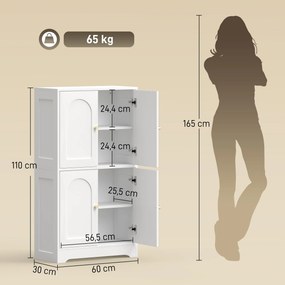 HOMCOM vysoká kuchyňská skříňka, 2 nastavitelné police, 4 obloukové dveře, bílá — 60 x 30 x 110 cm