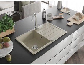 Mexen Bruno, 1-komorový granitový dřez s odkapávačem 795x495x200 mm a chromová kuchyňská baterie Telma, béžová, 6513-69-670200-00