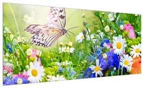 Obraz letních květů s motýlem (100x40 cm)