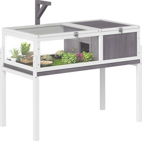 PawHut zvýšený dřevěný domek pro želvy – 2 zóny, držák na lampu, vysouvací zásuvka, šedý – 104 × 53 × 82 cm