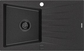 Mexen Cesar, granitový dřez 775x470x190 mm, 1-komorový, černá-stříbrná metalíza s černým sifonem, 6514771010-73-B