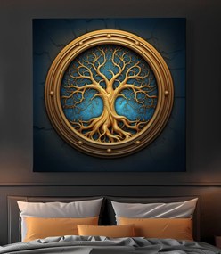 Obraz na plátně - Zlatý strom života se zářící modrou aurou FeelHappy.cz Velikost obrazu: 80 x 80 cm