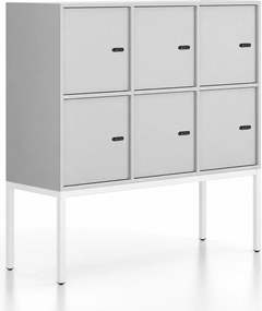 Kancelářská skříň FRAME, nízká, bílá podnož, 6x dveře, 1299 x 450 x 1331 mm, mechanický kódový zámek, šedá