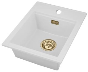 Sink Quality Ferrum New 4050, 1-komorový granitový dřez 400x500x185 mm + zlatý sifon, bílá, SKQ-FER.4050.WH.XG