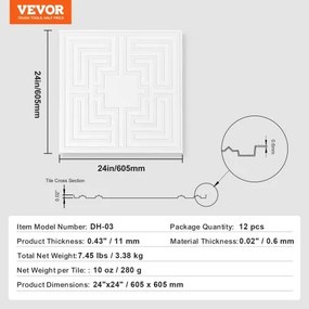 Stropní dlaždice 12-balení 24 × 24 V PVC Snadná instalace Bílý echo vzor