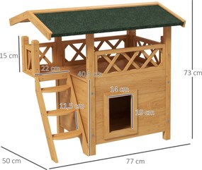 PawHut dvoupatrový domek pro kočky s asfaltovou střechou a balkonem, vila pro kočky z masivního dřeva se schody, přírodní, 77x50x73cm| Aosom