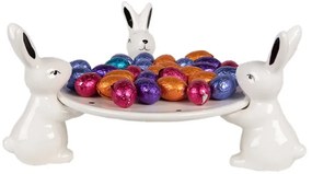 Černo-bílý keramický podnos s podstavcem ve tvaru tří králíčků Rabbit Party – 24x23x12 cm