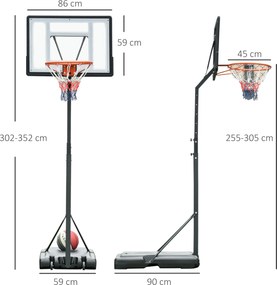 HOMCOM Mobilní basketbalový stojan Basketbalový koš výškově nastavitelný z oceli a plastu černý 90 x 165 x 302-352 cm pro zahradu a sportoviště | Aos…
