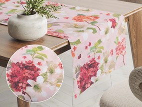 Biante Dekorační běhoun na stůl Leona LN-118 Hortenzie a lilie na růžovém 35x180 cm