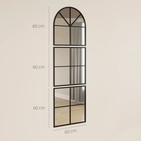 HOMCOM nástěnné zrcadlo 60 x 180 cm trojdílné, zakřivené zrcadlo s kovovým rámem, dekorativní visící zrcadlo, okno zrcadlo pro koupelnu a obývací pok…