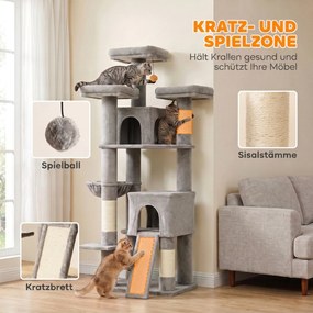 PawHut Velké škrabadlo 184 cm vysoké, kočičí strom se 3 škrábacími sloupky, ležení, hrací míček, houpací síť, žebřík, pro kočky do 6 kg D35-014V00LG