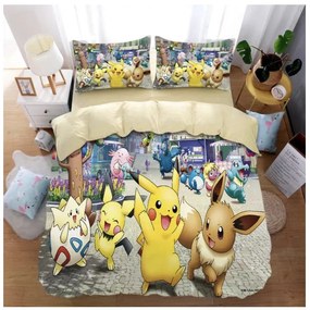 3-dílné ložní povlečení Pokémon - Pikachu 3D (150 x 200 cm a 2x povlak na polštář 50 x 75 cm) Motiv: 14 - Pokémoni ve městě