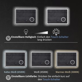 kleankin LED koupelnové zrcadlo s 3x zvětšením a dotykovou funkcí, 80x60 cm, 3 barvy světla, bez mlhy