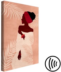 Obraz Relaxace pod palmami (1-dílný) svislý - žena na růžovém pozadí