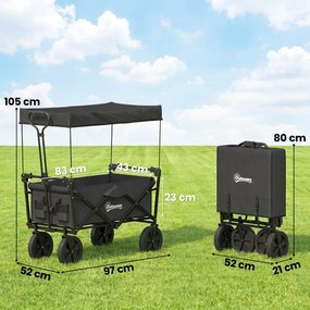 Skládací ruční vozík Outsunny se sluneční stříškou, přepravní vozík s nosností až 110 kg, ruční vozík s taškou, Oxford černá, pro zahradu a výlety | …