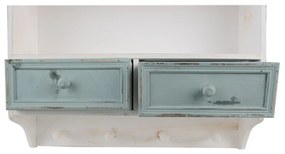 Bílá antik dřevěná nástěnná polička s modrými šuplíčky a háčky – 28x16x59 cm