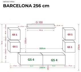 Ral Obývací stěna BARCELONA 4, 256 cm - Bílý lesk