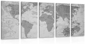 5-dílný obraz stará mapa světa s kompasem v černobílém provedení - 100x50 cm