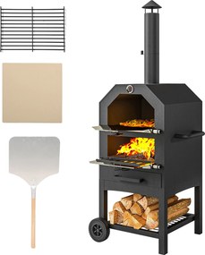 Outsunny 2v1 Pizza Trouba venkovní s koly, grilovací trouba s krytem, pizza lopatka, 2 grilovací rošty, grilovací vozík s komínem, 3-úrovňová trouba n