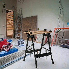 Skládací přenosný pracovní stůl HOMCOM s nastavitelnými bambusovými a ocelovými deskami 150 kg nosnost 63,5x60,5x78 cm Přírodní dřevo a černá | Aosom