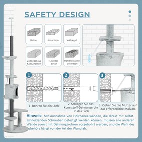Stropní škrabadlo PawHut výškově nastavitelné 225-255 cm s ochranou proti překlopení Jeskyně pro kočky Škrabadla Hrací míč Grey | Aosom.de