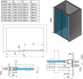 Polysan, THRON LINE SQUARE sprchové dveře 1300 mm, hranaté pojezdy, čiré sklo, TL5013-5002