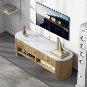 HOMCOM TV skříň 140 cm, televizní nábytek pro 65palcové televize s mramorovým efektem, 3 drážkované čelníky zásuvek, efekt přírodního dřeva