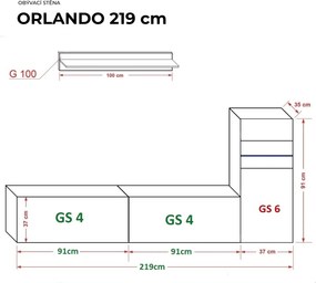 Ral Obývací stěna ORLANDO 2, 219 cm - Bílý lesk